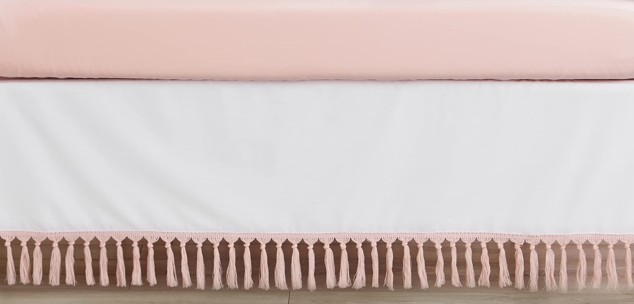 Sweet Jojo Designs Boho Bohemian Girl Baby Crib Bed Skirt Nursery Dust Ruffle - Blush Pink and White Farmhouse Shabby Chic Designer Modern Minimalist Tassel Fringe Macrame Cotton