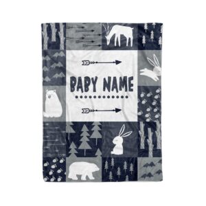 ruby star personalized baby blanket for boy, cozy plush fleece blanket, custom baby name, includes baby onesie and bib, bankets for kid (woodland), full