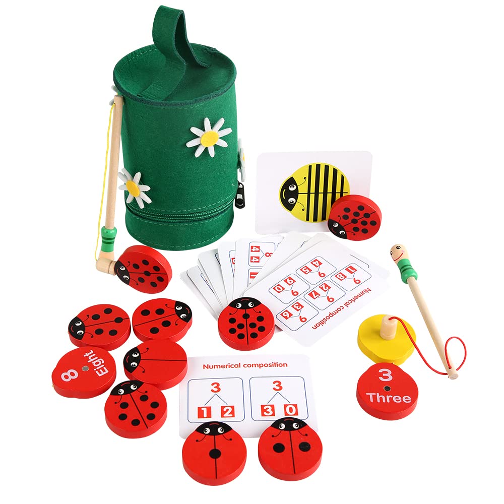 WODI Wooden Counting Ladybugs 0-10 Alphabets & Numbers Sorting Montessori Educational Toys for Toddlers Girls&Boys 3+ Learning to Count Cards Matching Painted Ladybug Toy