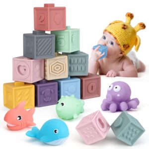 elf lab baby block soft building blocks, baby teethers toy with developmental sensory infant animal bath toy, squeeze play with number shapes fruit and textures for babies toddlers 6 to 12 months up