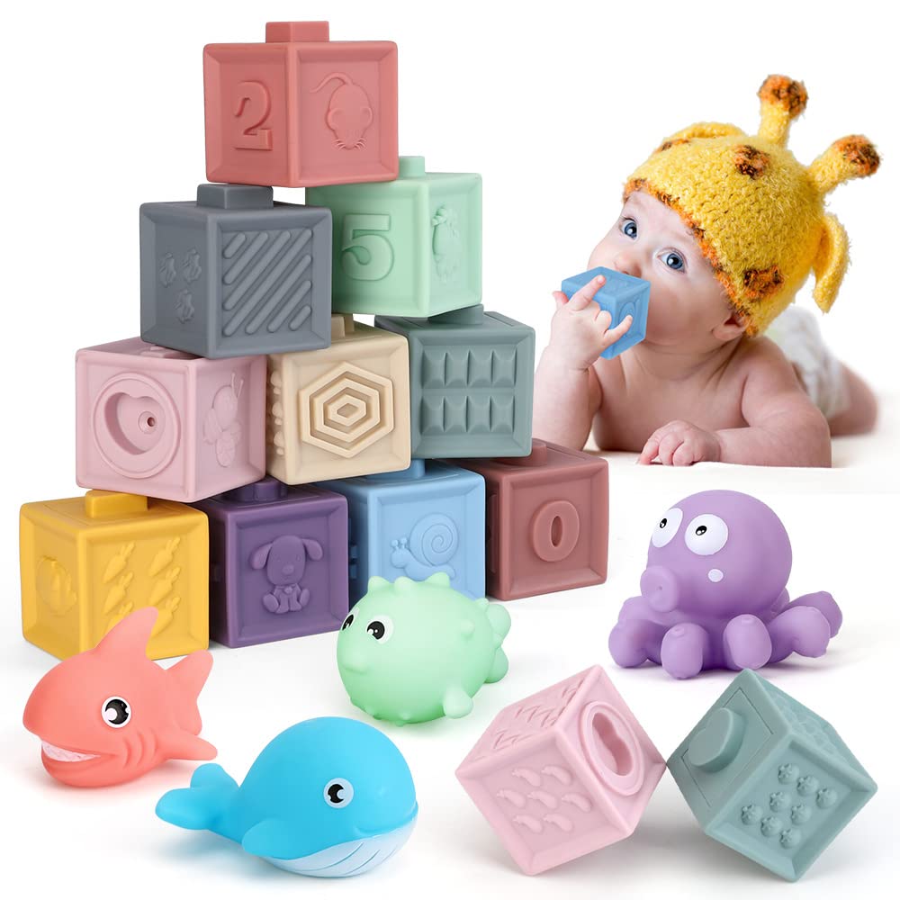 Elf Lab Baby Block Soft Building Blocks, Baby Teethers Toy with Developmental Sensory Infant Animal Bath Toy, Squeeze Play with Number Shapes Fruit and Textures for Babies Toddlers 6 to 12 Months Up