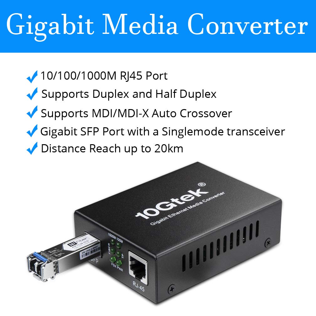 A Pair of Gigabit Multi-Mode LC Fiber Media Converter, with 2 Pcs SFP SX Modules, Fiber to Ethernet Converter, 1000Base-SX to 10/100/1000M RJ45, MMF, 850nm, up to 550m