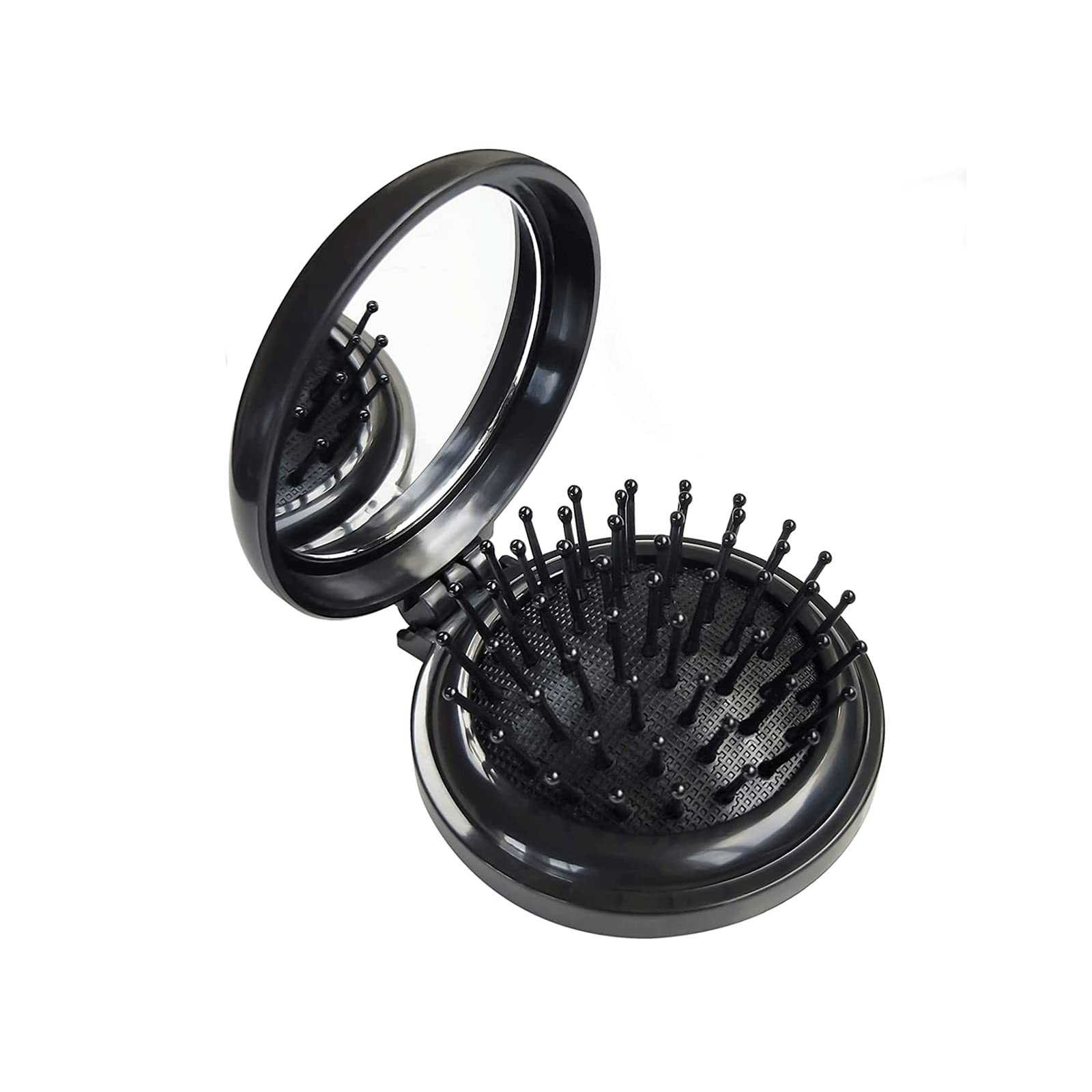 Serrale Folding Hair Brush Mini Round Comb with Mirror Portable Travel HairBrush Pocket Compact Massage Combor for Women & Girls Small Purse, Gym, Trip, School Camping(Black), 2.5x7.5x6.5cm