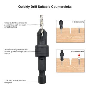 82° Countersink Drill Bit Set for Wood, HSS Counter Sinker Drill Bits Set 5-Piece 3/8" Quick Change Adjustable Drill Bits Sink Hole Drilling Tool Kit on Pilot Counter Sink Holes for Woodworking Tools