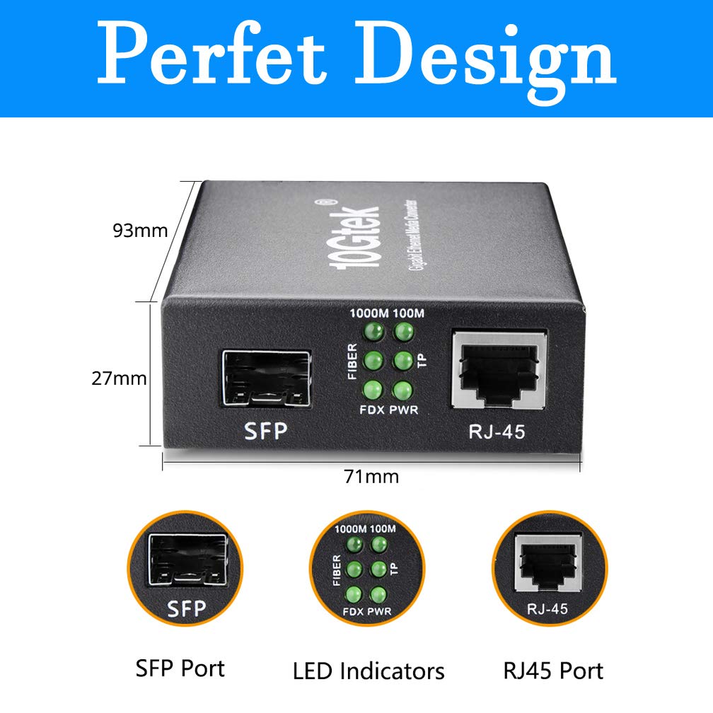 A Pair of Gigabit Multi-Mode LC Fiber Media Converter, with 2 Pcs SFP SX Modules, Fiber to Ethernet Converter, 1000Base-SX to 10/100/1000M RJ45, MMF, 850nm, up to 550m