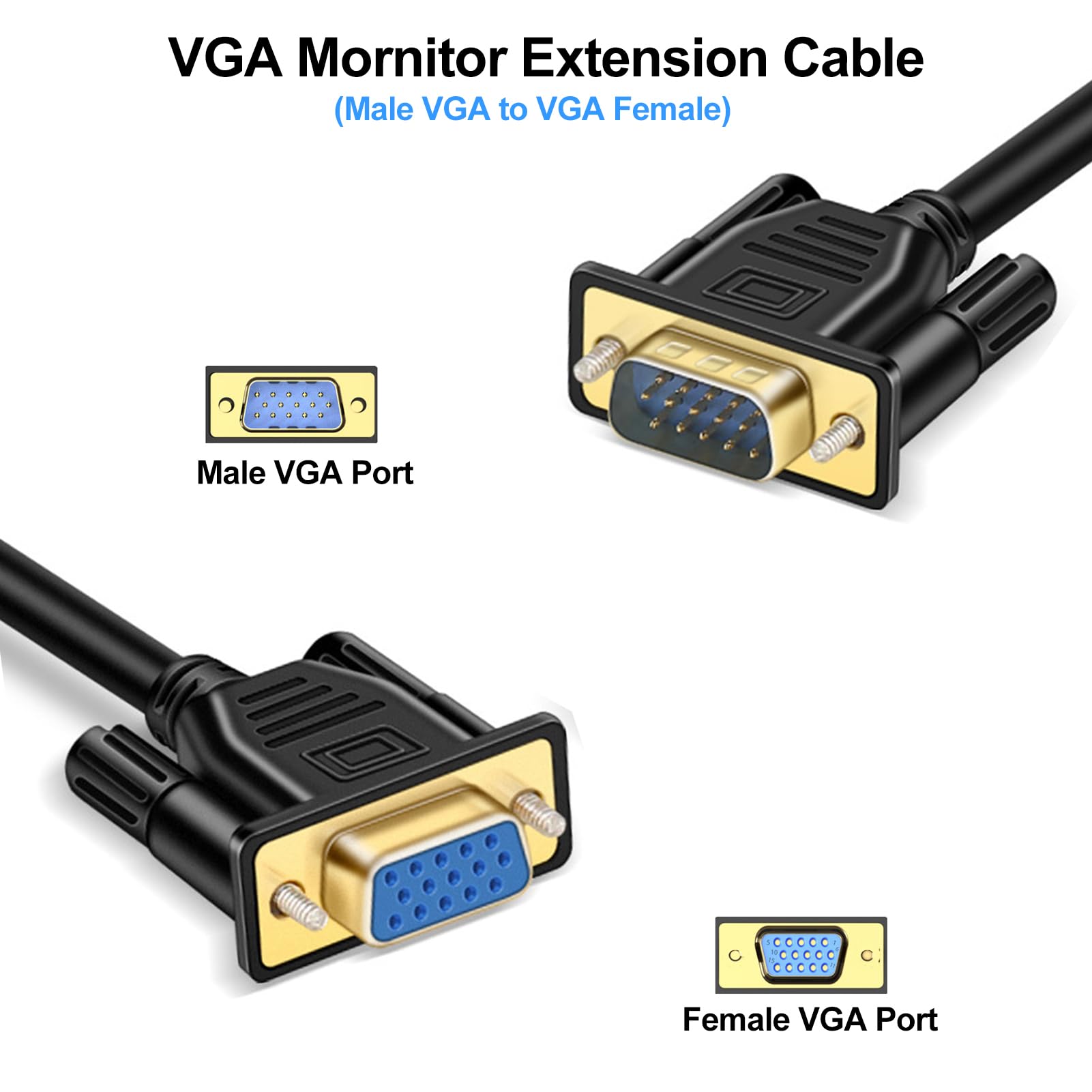 UV-CABLE VGA Extension Cable, VGA Cable Male to Female 6 Feet (VGA 15 Pin), SVGA Male to Female HD15 Monitor Video Adapter Cable Support 1080P Full HD for Laptop, PC, Projector, HDTV, Display