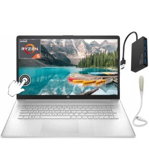 hp 17.3" touchscreen hd+ laptop, amd 6-core ryzen 5 5500u, 16gb ram 512gb ssd+1tb hdd, wi-fi, bluetooth 5.0, numeric keypad, windows 10 home, silver, bundle with tsbeau 4-port usb hub + usb led light