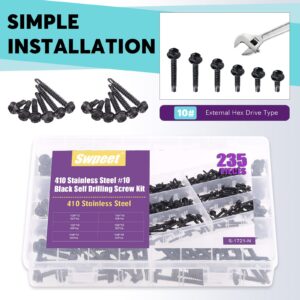 Swpeet 235Pcs Black 410 Stainless Steel #10 Self Drilling Screw Assortment Kit, Hex Washer Head Self Drilling Sheet Metal Screws Head Self Tapping Screws Anti-Rust Metal Screws Set