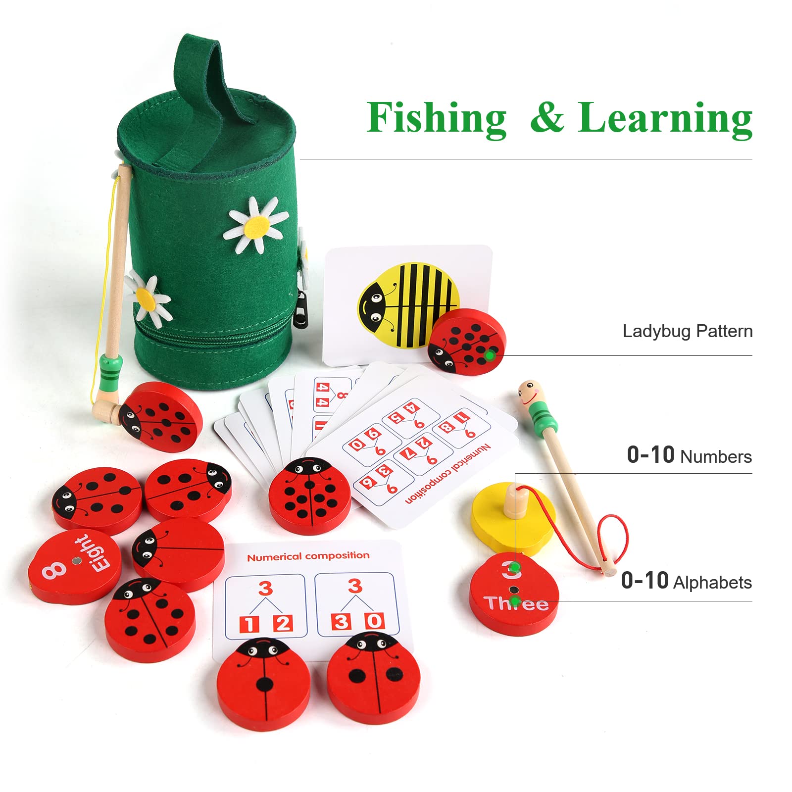 WODI Wooden Counting Ladybugs 0-10 Alphabets & Numbers Sorting Montessori Educational Toys for Toddlers Girls&Boys 3+ Learning to Count Cards Matching Painted Ladybug Toy