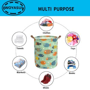 Collapsible Round Storage Bin - WOYASUI Large Laundry Hamper Waterproof Organizer with Handles / Home Decor / Toy Books Holder Clothes Nursery Basket（2 PACKS,Colour Fish & Purple Love Heart）