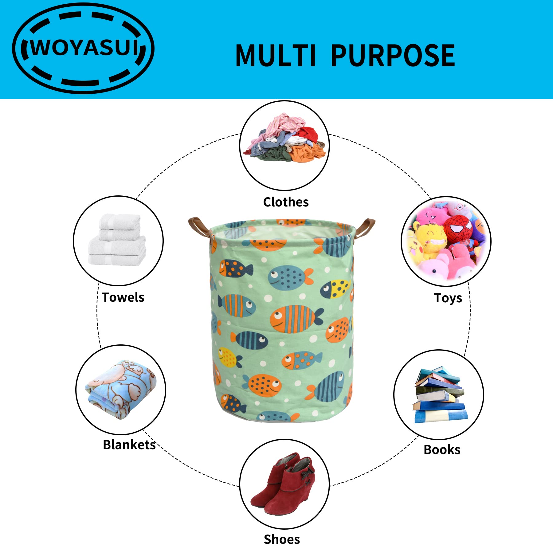 Collapsible Round Storage Bin - WOYASUI Large Laundry Hamper Waterproof Organizer with Handles / Home Decor / Toy Books Holder Clothes Nursery Basket（2 PACKS,Colour Fish & Purple Love Heart）