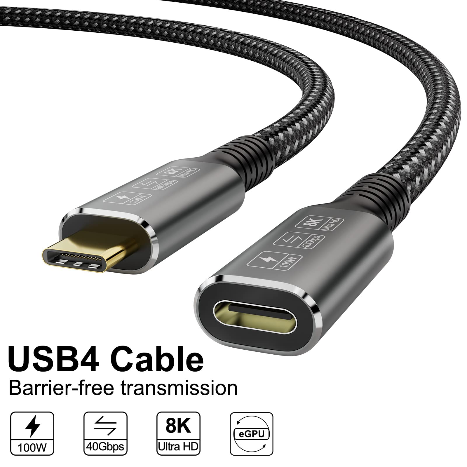 CABLEDECONN USB4 8K Cable 0.8M Thunderbolt 4 Compatible USB 4 Type-c Male to Female Extension Cable Ultra HD 8K@60Hz 100W Charging 40Gbps Data Transfer Compatible with External SSD eGPU