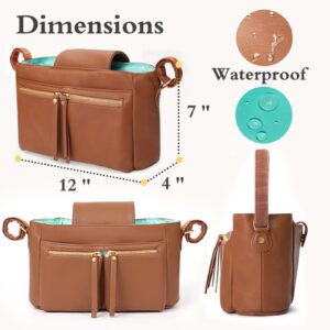 MOMINSIDE Stroller Organizer With Insulated Cup Holders, 10 Pockets Stroller Accessories Leather, Universal Stroller Caddy, Adjustable Straps, Zippered Pocket, Fit All Strollers (Brown)