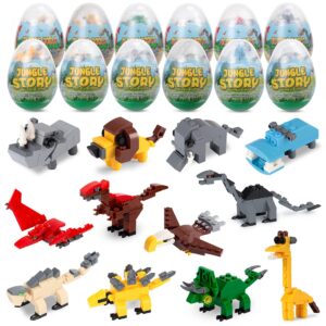 thinkmax 12pcs easter eggs prefilled with jungle animals and dinosaurs building blocks for easter basket stuffers, easter party favor, easter eggs hunt, classroom prize supplies