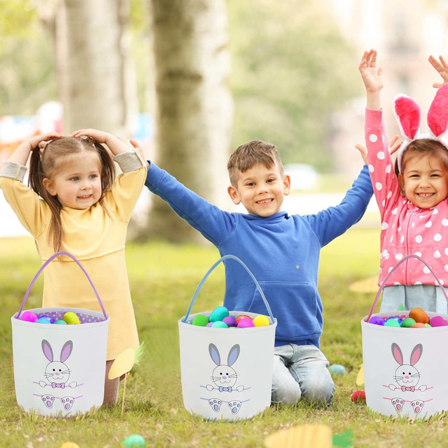 Easter Bunny Basket Egg Bags for Kids Canvas Tote Bags Buckets for Easter Eggs Personalized Candy Egg Basket with Rabbit Print Easter Tote Bag Party Candy Storage Decoration（2pcs）