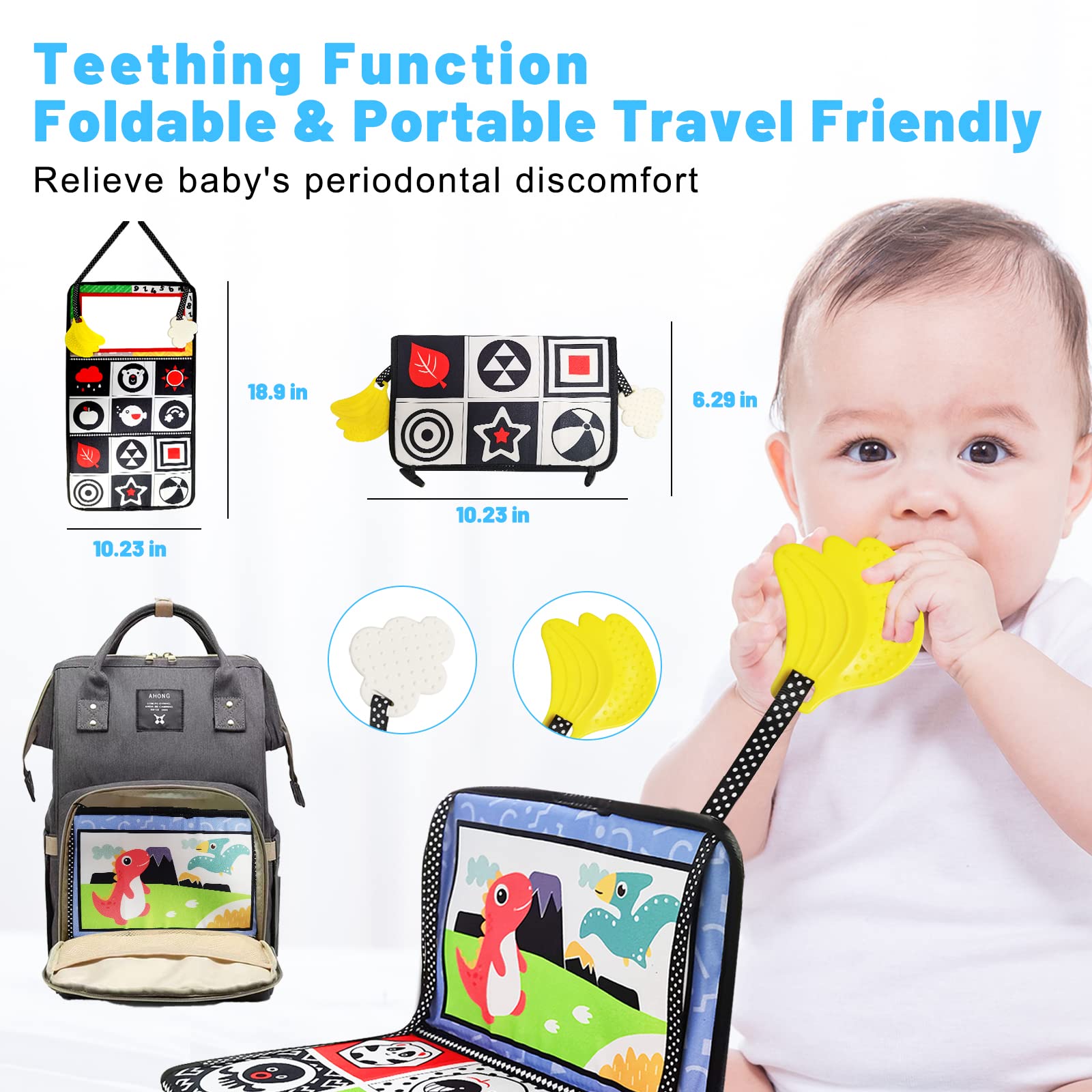 Baby Mirror Tummy Time Toys, Infant Safe Baby Play Mat with Teether for Newborn 0-3-6-12 Months old Boys,Girls, Brain Development Montessori for Crib, Floor, Car, Sensory Crinkle Soft Books Attachment