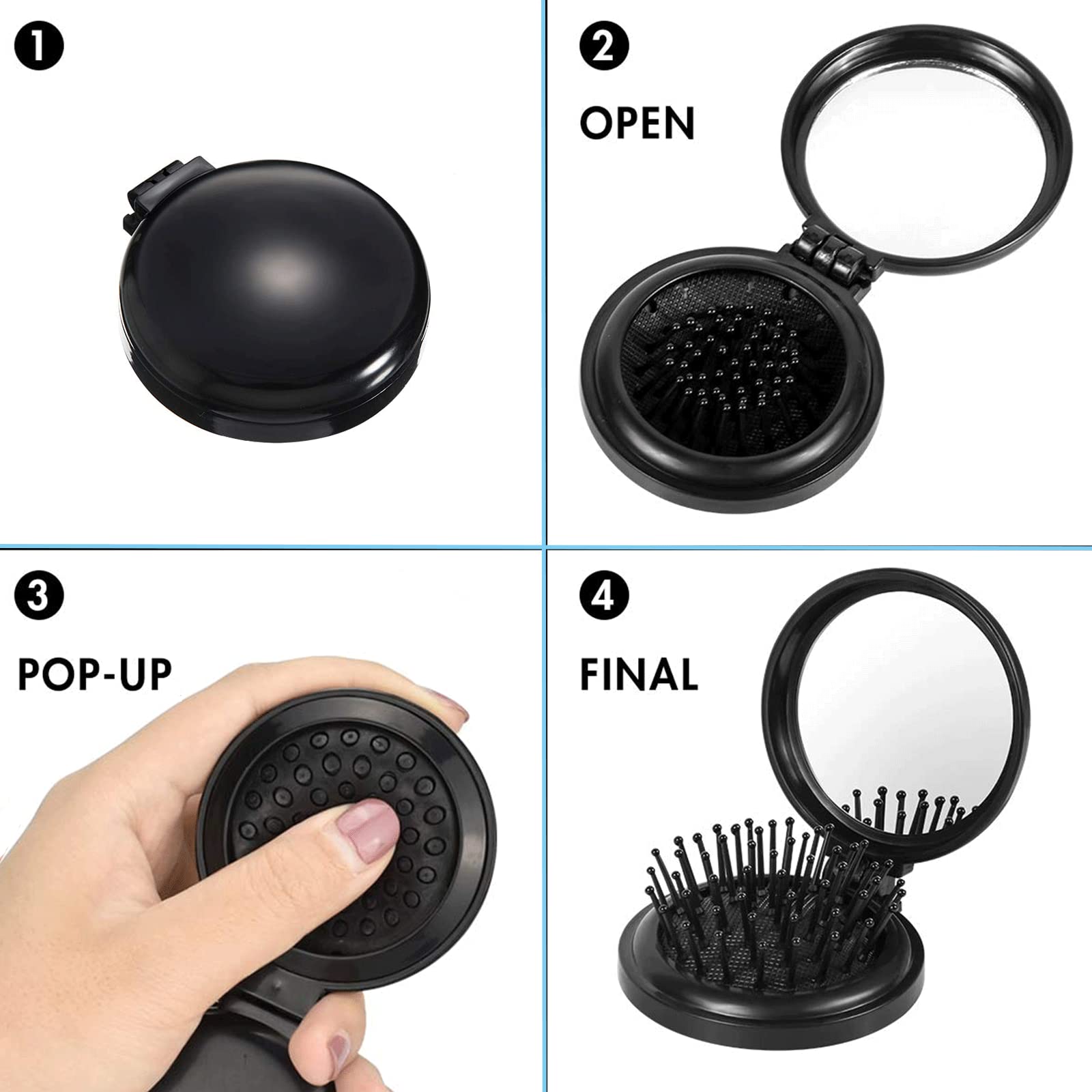 Serrale Folding Hair Brush Mini Round Comb with Mirror Portable Travel HairBrush Pocket Compact Massage Combor for Women & Girls Small Purse, Gym, Trip, School Camping(Black), 2.5x7.5x6.5cm