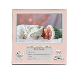 mimosa moments bear and pram silver-tone metal baby girl picture frame with birth details tag (4x6 horizontal, silver-tone & pink)