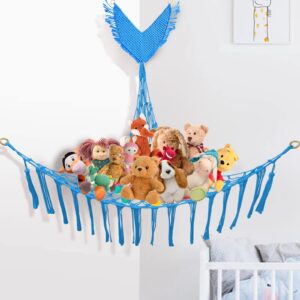 smttw stuffed animal net or hammock, macrame toy hammock with boho tassels, stuffed animal hammock display hanging pet net, plushie hammock corner net holder for nursery bedroom playroom storage(blue)