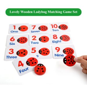 WODI Wooden Counting Ladybugs 0-10 Alphabets & Numbers Sorting Montessori Educational Toys for Toddlers Girls&Boys 3+ Learning to Count Cards Matching Painted Ladybug Toy