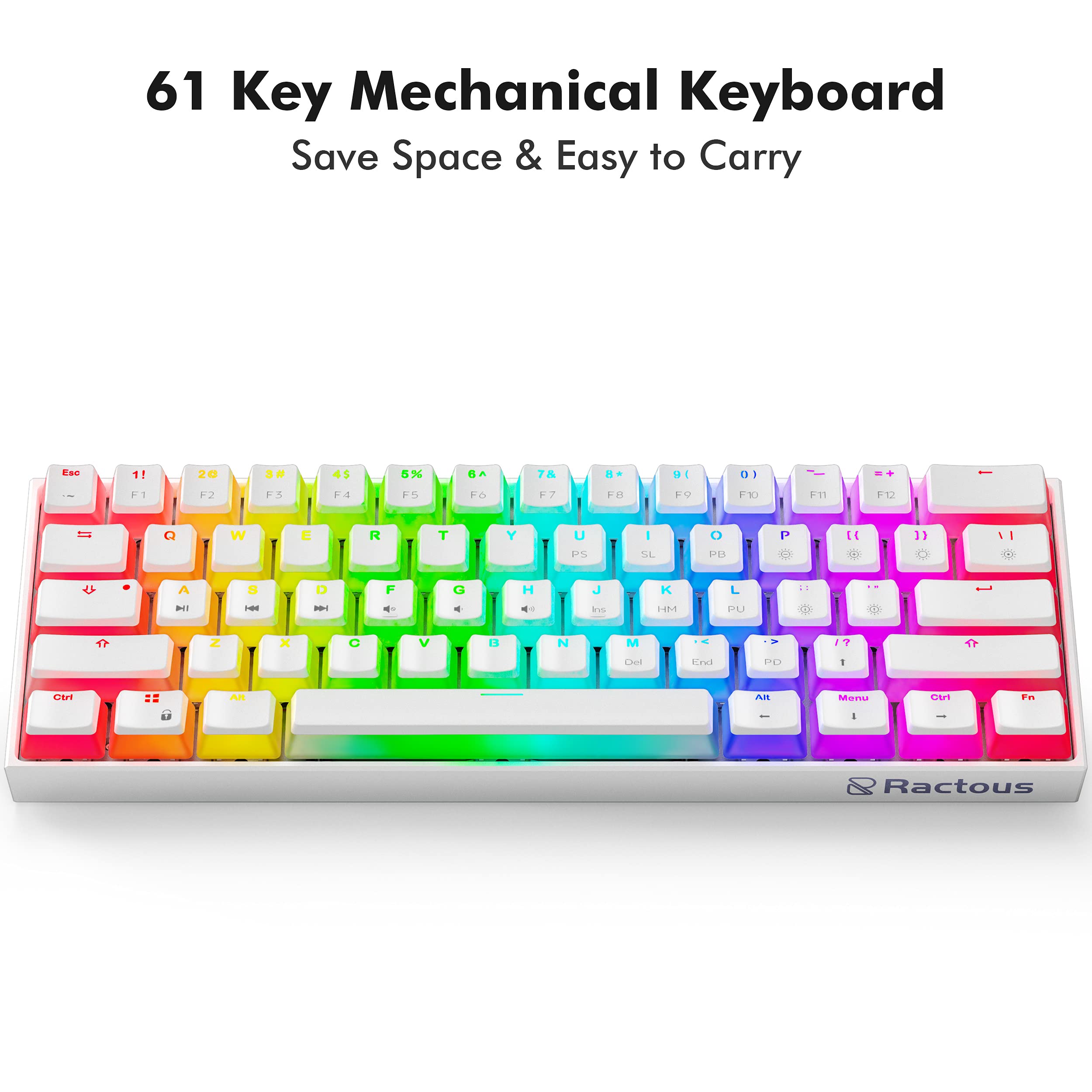 Ractous RTK61P 60% Mechanical Gaming Keyboard RGB Backlit PBT Pudding keycaps 61key Ultra-Compact Wired Keyboard Programmable for PC/Mac Gamers,Hot-Swappable Gateron Optical Blue Switch (White)