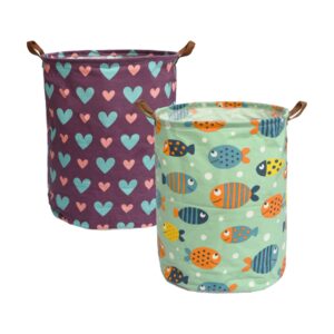 collapsible round storage bin - woyasui large laundry hamper waterproof organizer with handles / home decor / toy books holder clothes nursery basket（2 packs,colour fish & purple love heart）