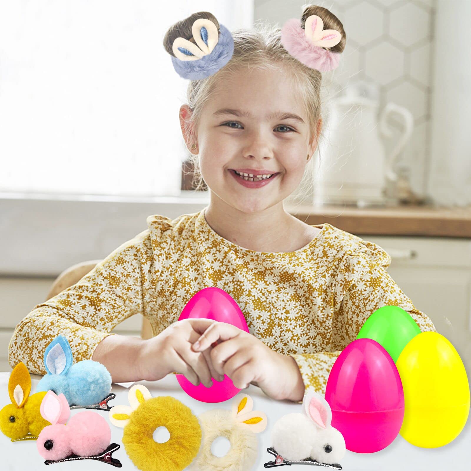 Easter Eggs Easter Basket Stuffers For Toddler Girls Filled 4 Pack Eggs with Cute Rabbit Hair Clips and Hair Ties Inside Colorful Plastic Prefilled Easter Eggs with Toys Inside For Kids Easter Gifts