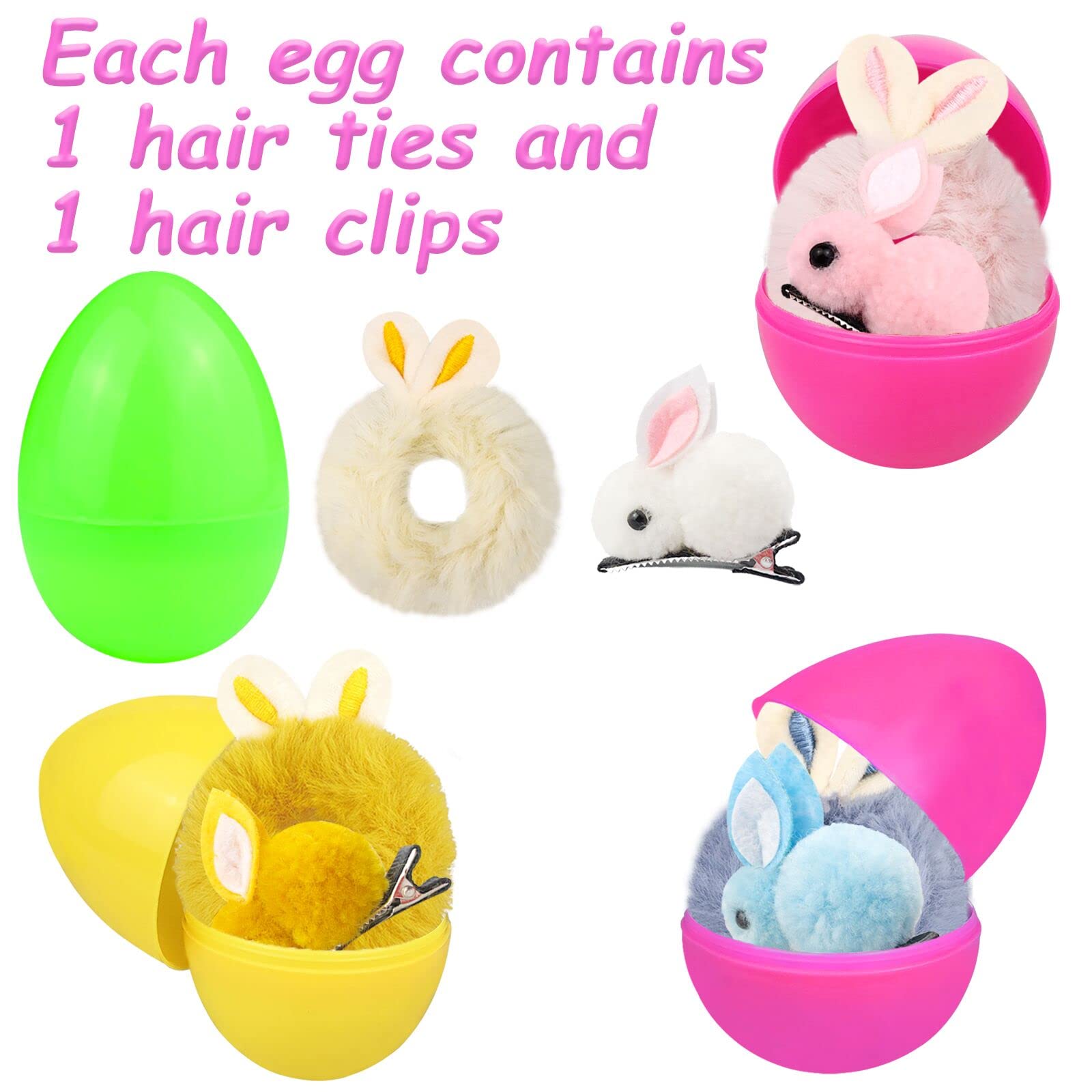 Easter Eggs Easter Basket Stuffers For Toddler Girls Filled 4 Pack Eggs with Cute Rabbit Hair Clips and Hair Ties Inside Colorful Plastic Prefilled Easter Eggs with Toys Inside For Kids Easter Gifts