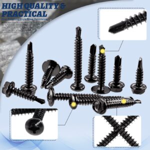 Glarks 420Pcs 410 Stainless Steel #8 TEK Screw Assortment Kit, 3 Styles Hex Washer Head & Modified Truss Head & Phillips Round Head Self Drilling Sheet Metal Screws, Length 5/8" to 1-1/4", Black