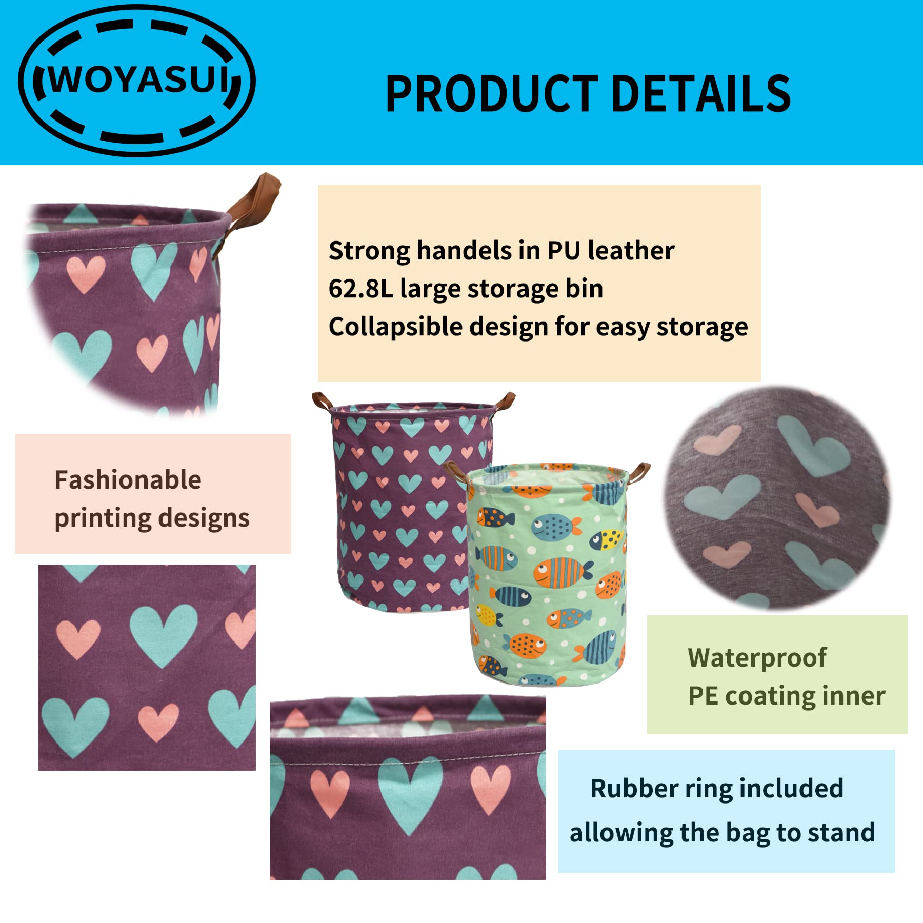 Collapsible Round Storage Bin - WOYASUI Large Laundry Hamper Waterproof Organizer with Handles / Home Decor / Toy Books Holder Clothes Nursery Basket（2 PACKS,Colour Fish & Purple Love Heart）