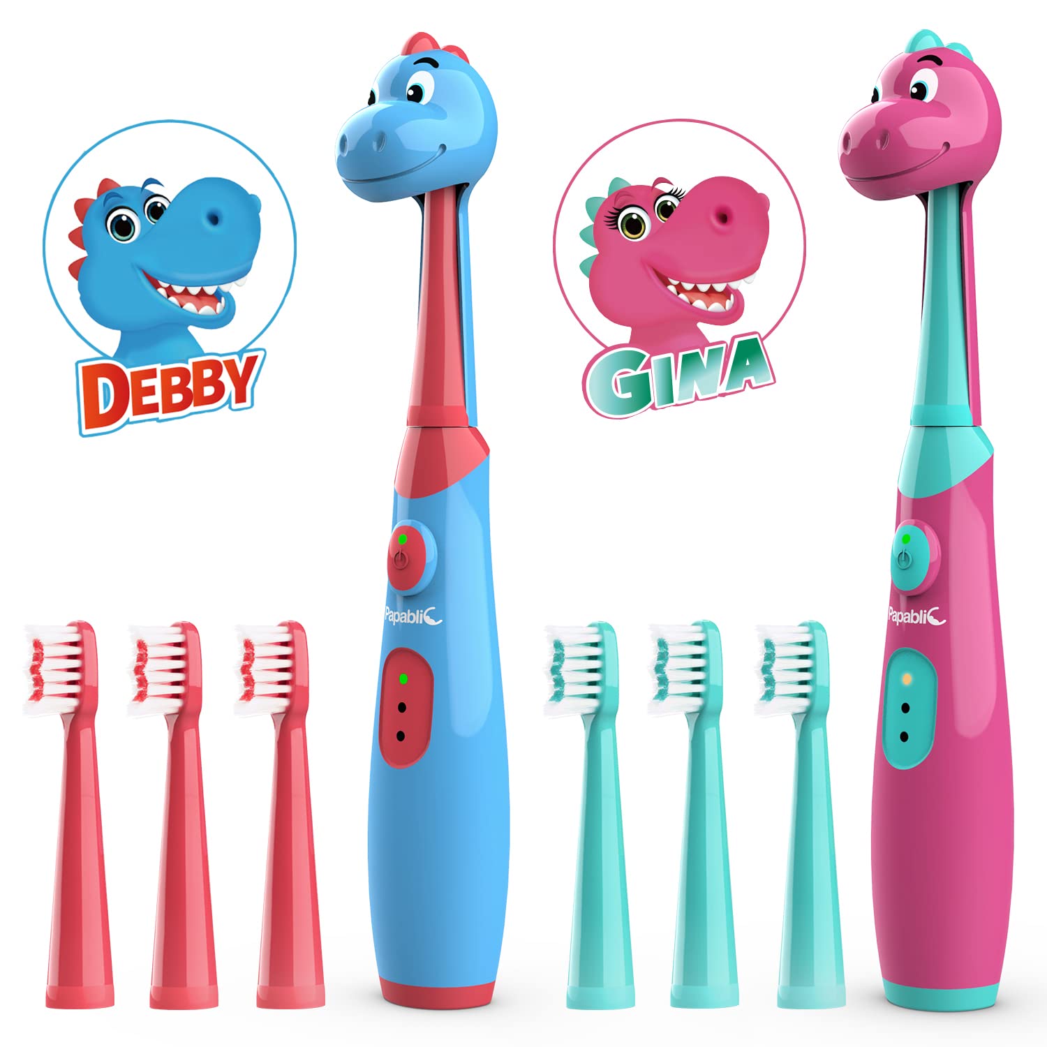 Papablic Dino Kids Rechargeable Electric Toothbrush for Ages 3+, Debby Bundle with Gina