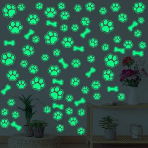 127 pcs dog paw print stickers glow in the dark wall decals dog paw print wall decor dog wall stickers decals luminous removable vinyl dog paw bone wall decals for kids nursery bedroom (green light)