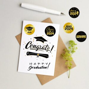 Lucleag 360 PCS 2024 Graduation Stickers, Class of 2024 Grad Stickers for Envelopes, Round 2024 Black and Gold Graduation Stickers for Envelope Seals Candy Greeting Cards Party Supplies