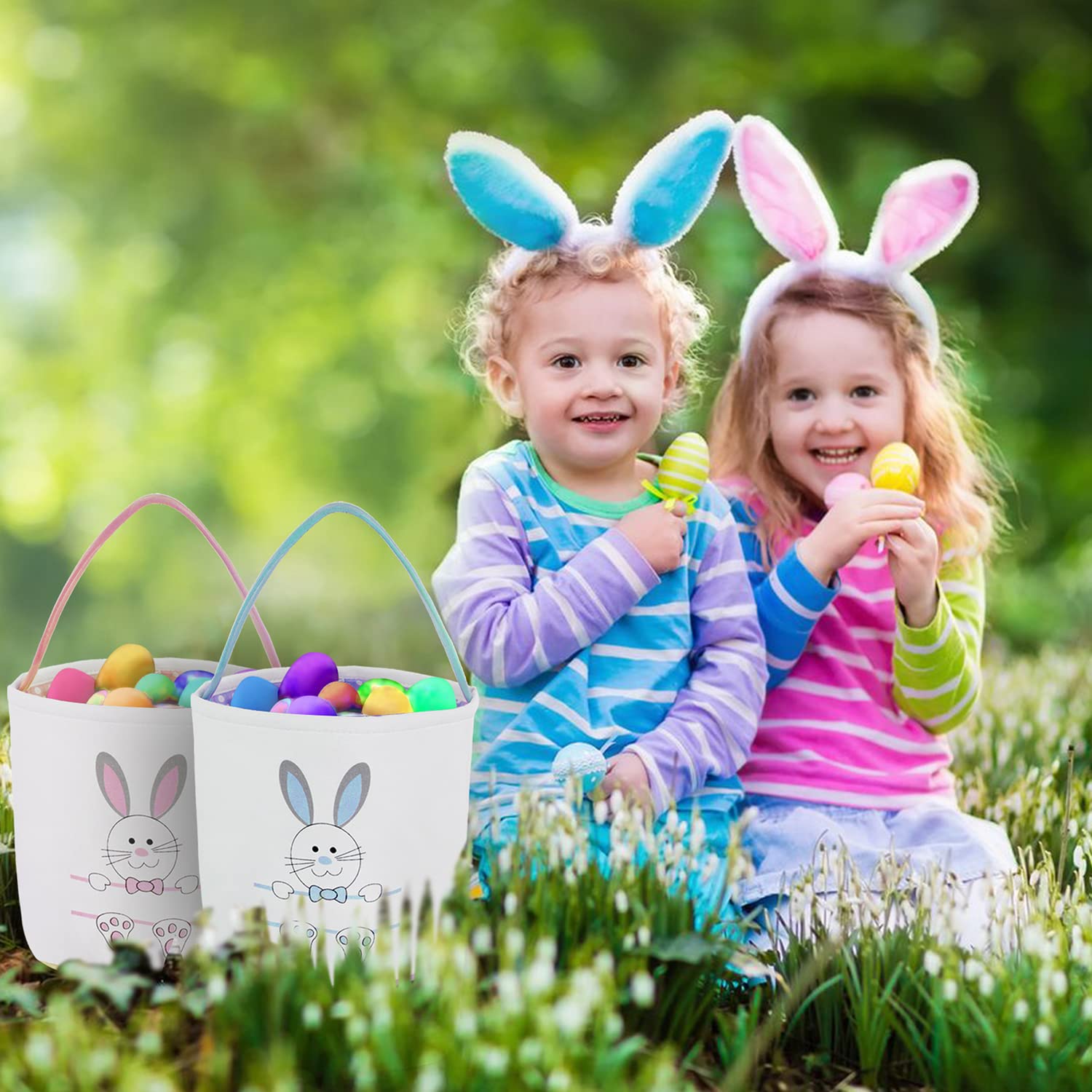 Easter Bunny Basket Egg Bags for Kids Canvas Tote Bags Buckets for Easter Eggs Personalized Candy Egg Basket with Rabbit Print Easter Tote Bag Party Candy Storage Decoration（2pcs）