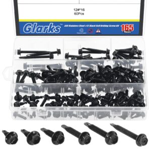 glarks 165pcs 410 stainless steel #12 hex washer head self drilling screws assortment kit 6 size black #12x5/8, #12x3/4, #12x1, #12x1-1/4, #12x1-1/2, #12x2 sheet metal screws with drill point