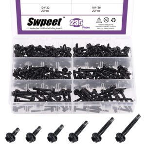 swpeet 235pcs black 410 stainless steel #10 self drilling screw assortment kit, hex washer head self drilling sheet metal screws head self tapping screws anti-rust metal screws set