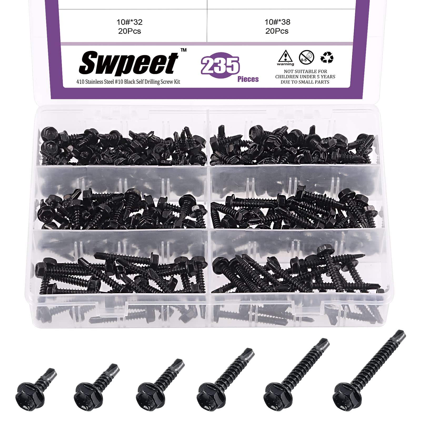 Swpeet 235Pcs Black 410 Stainless Steel #10 Self Drilling Screw Assortment Kit, Hex Washer Head Self Drilling Sheet Metal Screws Head Self Tapping Screws Anti-Rust Metal Screws Set