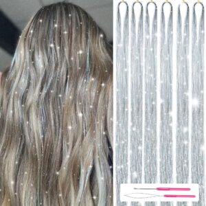 missuhui hair tinsel kit with tools 48 inch 1200 strands glitter tinsel hair extensions sparkling shiny hair tinsel strands kit heat resistant for women girls 6pcs (silver)