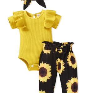 fioukiay Preemie Newborn Baby Girls Clothes Infant Little Kids Romper Bodysuit Pants Headband Clothing Set Summer Outfits (Yellow Sunflower 01, Preemie)