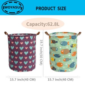 Collapsible Round Storage Bin - WOYASUI Large Laundry Hamper Waterproof Organizer with Handles / Home Decor / Toy Books Holder Clothes Nursery Basket（2 PACKS,Colour Fish & Purple Love Heart）