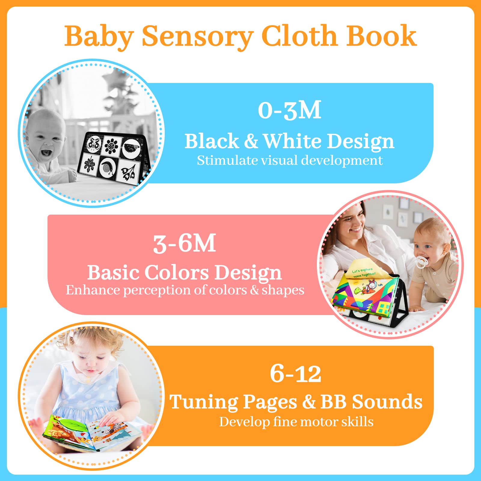 Baby Mirror Tummy Time Floor Toys, High Contrast with Teethers for 0 3 6 12 Month Old Boys, Girls, Infant Baby Play Mirror Development Montessori Sensory Crinkle Soft Books for Crib, Floor, Car, Gift