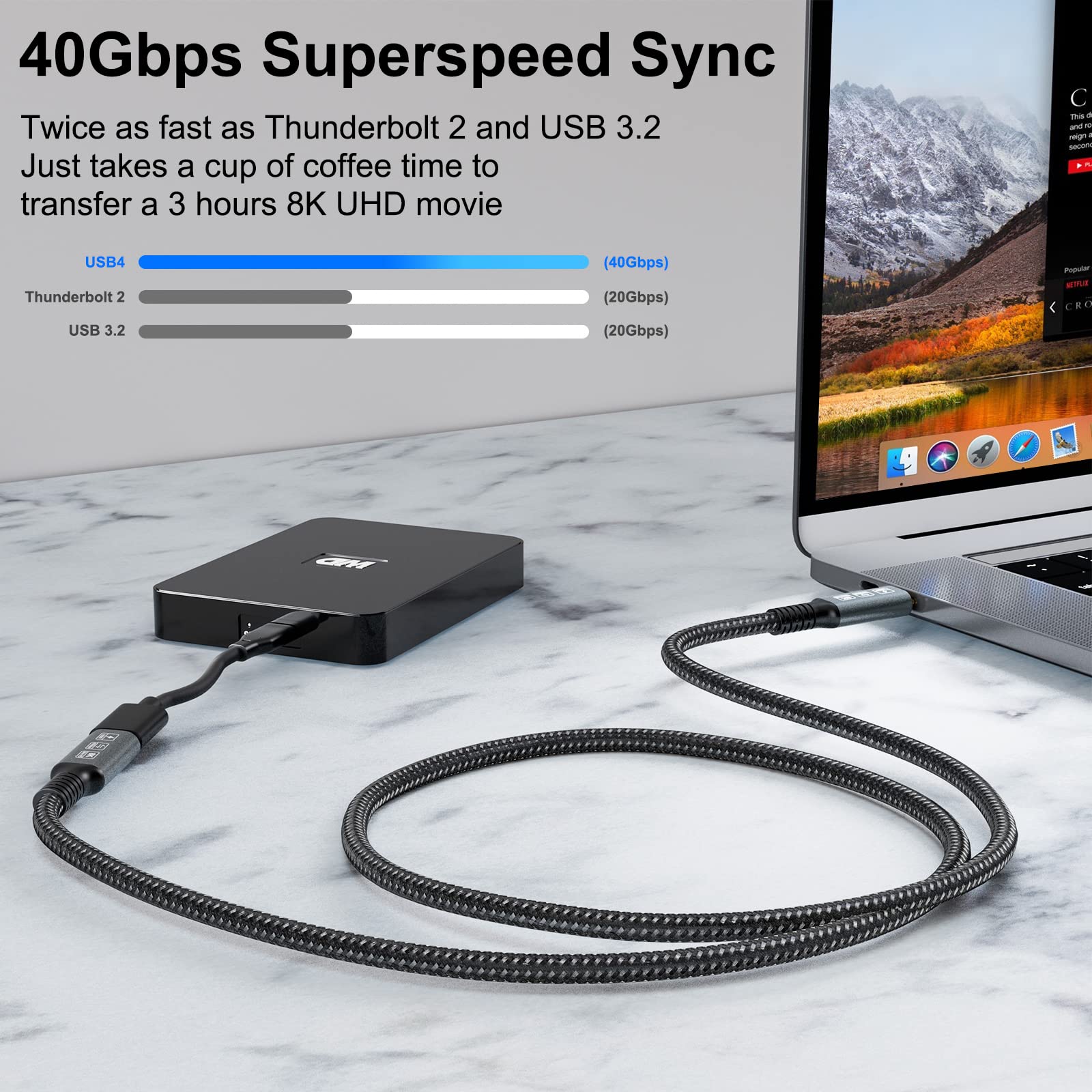 CABLEDECONN USB4 8K Cable 0.8M Thunderbolt 4 Compatible USB 4 Type-c Male to Female Extension Cable Ultra HD 8K@60Hz 100W Charging 40Gbps Data Transfer Compatible with External SSD eGPU