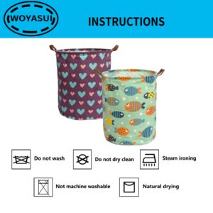 Collapsible Round Storage Bin - WOYASUI Large Laundry Hamper Waterproof Organizer with Handles / Home Decor / Toy Books Holder Clothes Nursery Basket（2 PACKS,Colour Fish & Purple Love Heart）