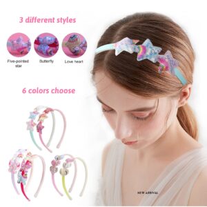 Fishdown Girls Headbands for Kids Glitter Toddler Girl Sequin Headbands Glitter Heart Rainbow Butterfly Star Non-slip Headbands with Teeth (6 PCS)