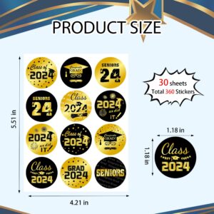 Lucleag 360 PCS 2024 Graduation Stickers, Class of 2024 Grad Stickers for Envelopes, Round 2024 Black and Gold Graduation Stickers for Envelope Seals Candy Greeting Cards Party Supplies