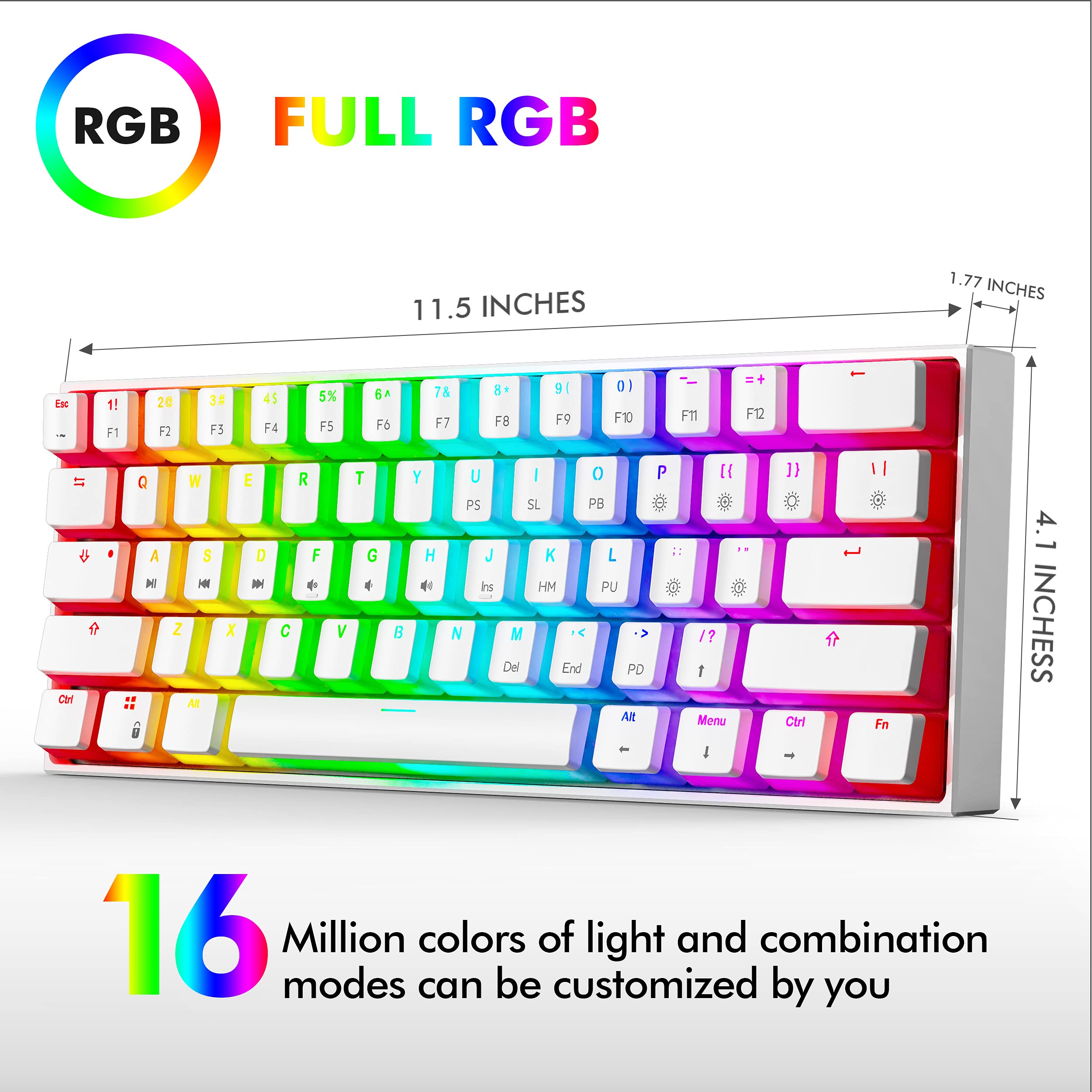 Ractous RTK61P 60% Mechanical Gaming Keyboard RGB Backlit PBT Pudding keycaps 61key Ultra-Compact Wired Keyboard Programmable for PC/Mac Gamers,Hot-Swappable Gateron Optical Blue Switch (White)