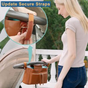 MOMINSIDE Stroller Organizer With Insulated Cup Holders, 10 Pockets Stroller Accessories Leather, Universal Stroller Caddy, Adjustable Straps, Zippered Pocket, Fit All Strollers (Brown)