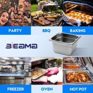 BIEAMA 6 Pack Hotel Pans, 1/6 Size 4" Deep, NSF, Commercial Stainless Steel Pan, Steam Table Pan, Catering Food Pan