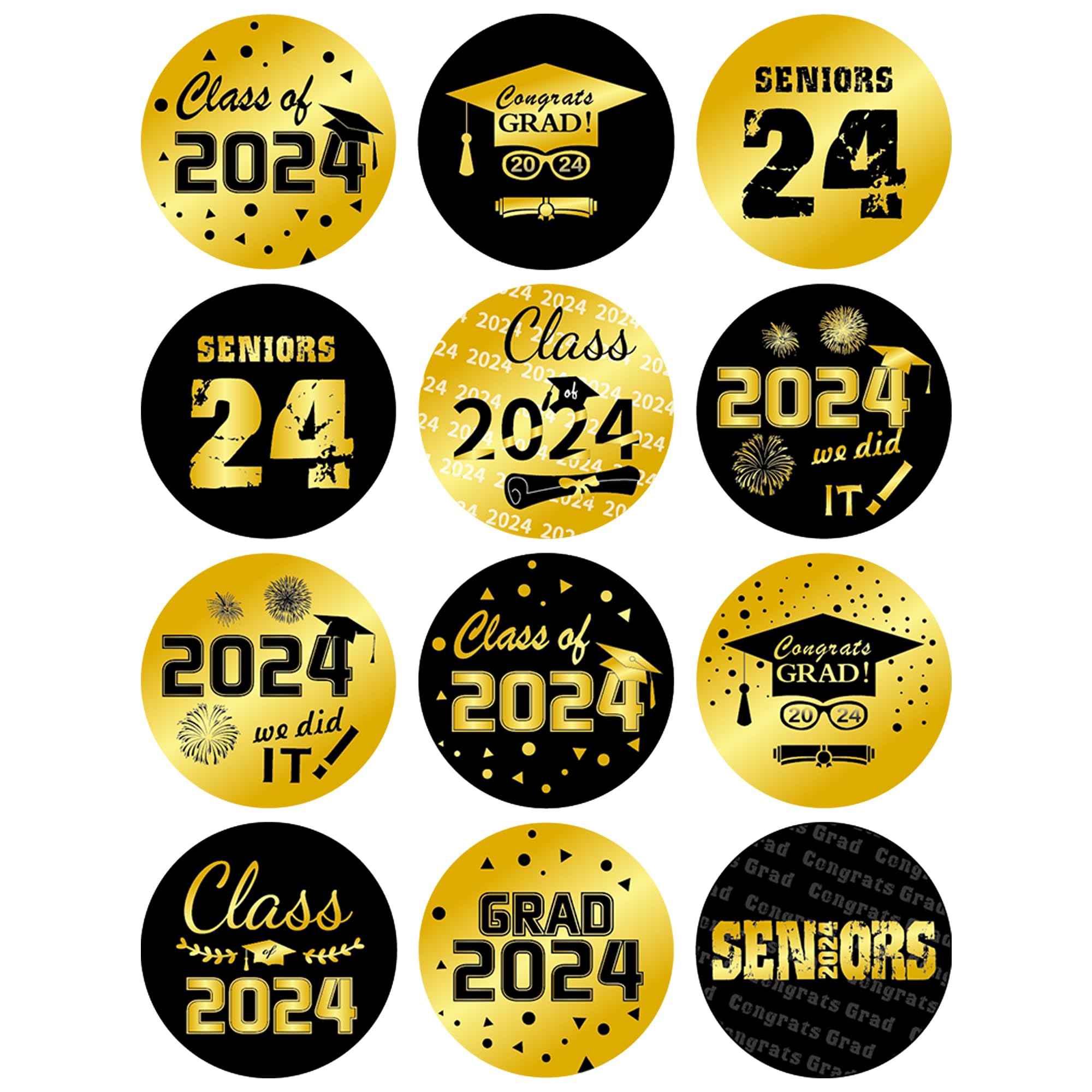 Lucleag 360 PCS 2024 Graduation Stickers, Class of 2024 Grad Stickers for Envelopes, Round 2024 Black and Gold Graduation Stickers for Envelope Seals Candy Greeting Cards Party Supplies