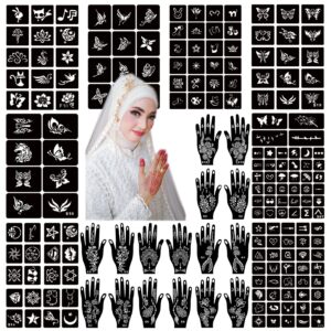 churlchurl henna tattoo stencil kit 190pcs, 24 sheets henna stencils reusable temporary indian arabian glitter airbrush tattoo stencils for face body paint diy